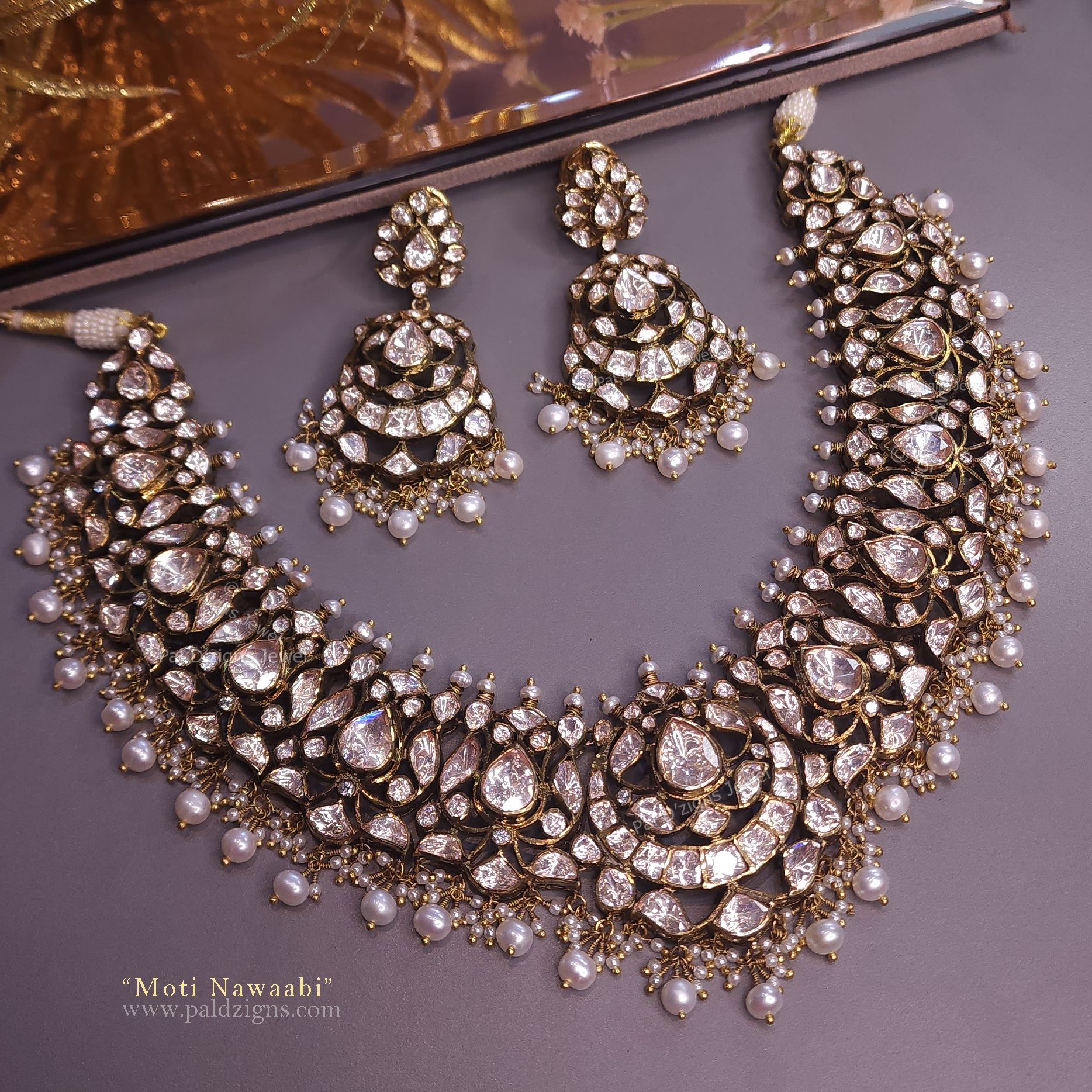Moti nawaabi antique moissanite polki necklace set