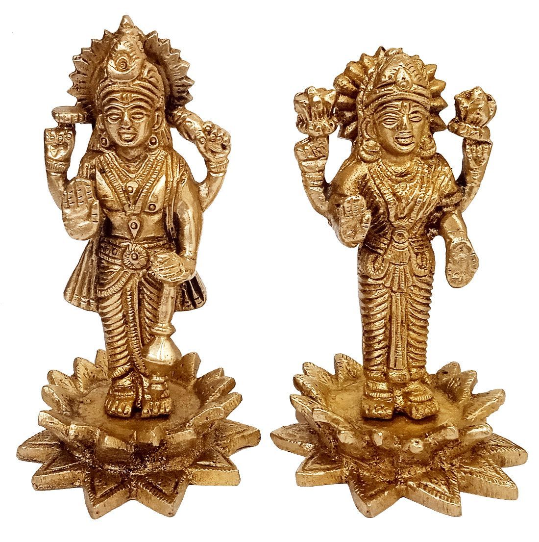 Brass Idols Vishnu Laxmi On Lotus: Glorious Statue Set For Home Temple ...
